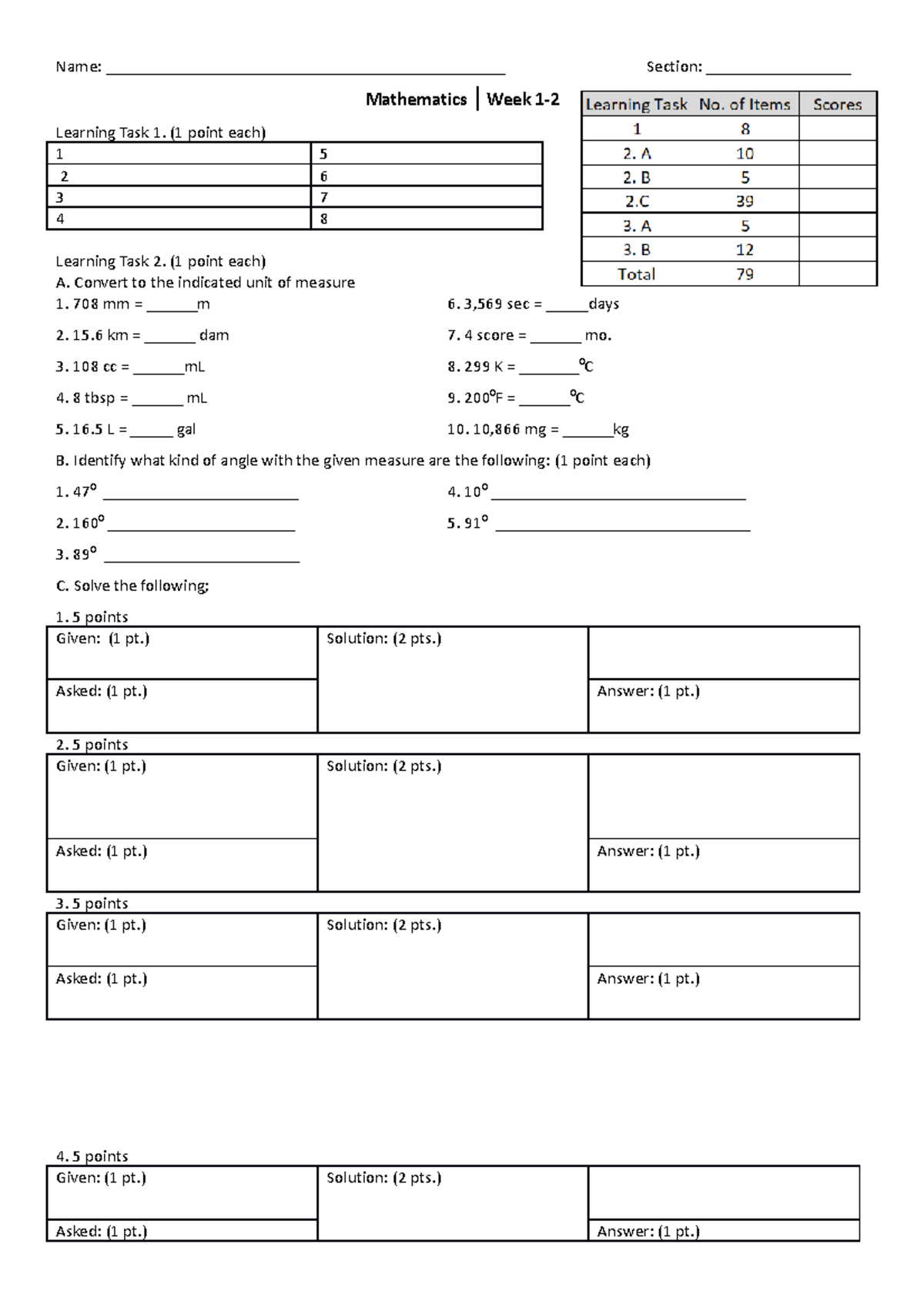 Answersheet week 1-2 - second quarter grade 7 math - Name: - Studocu