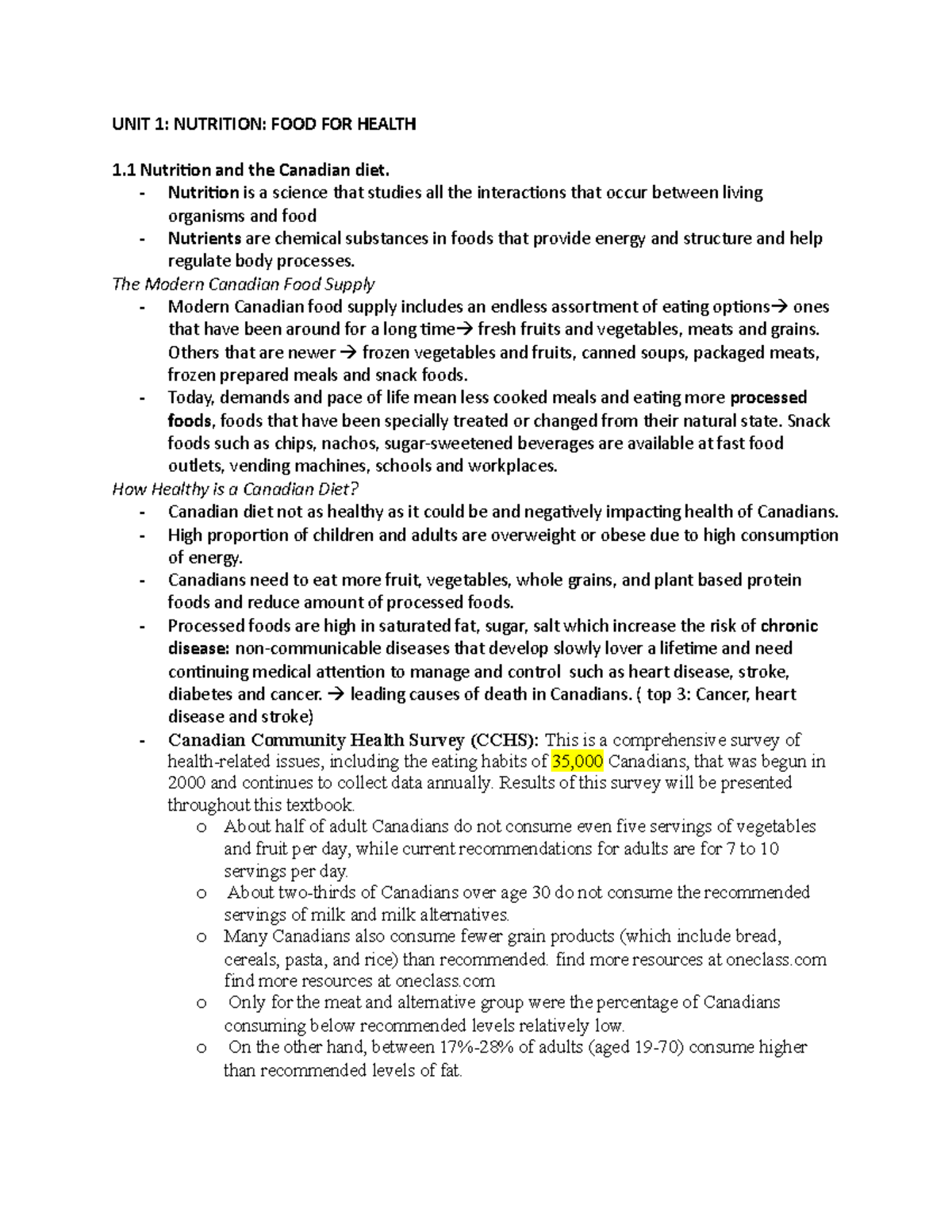 UNIT 1 - Notes from textbook for chapter 1 - UNIT 1: NUTRITION: FOOD ...
