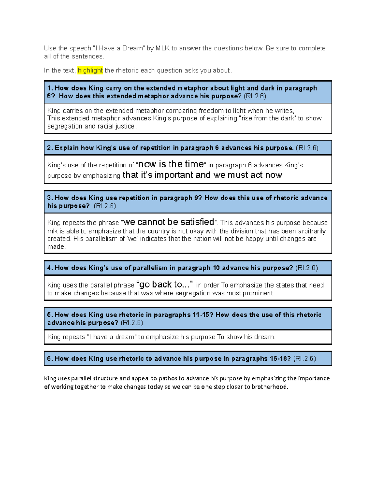 Document - Biology - Use the speech “I Have a Dream” by MLK to answer ...
