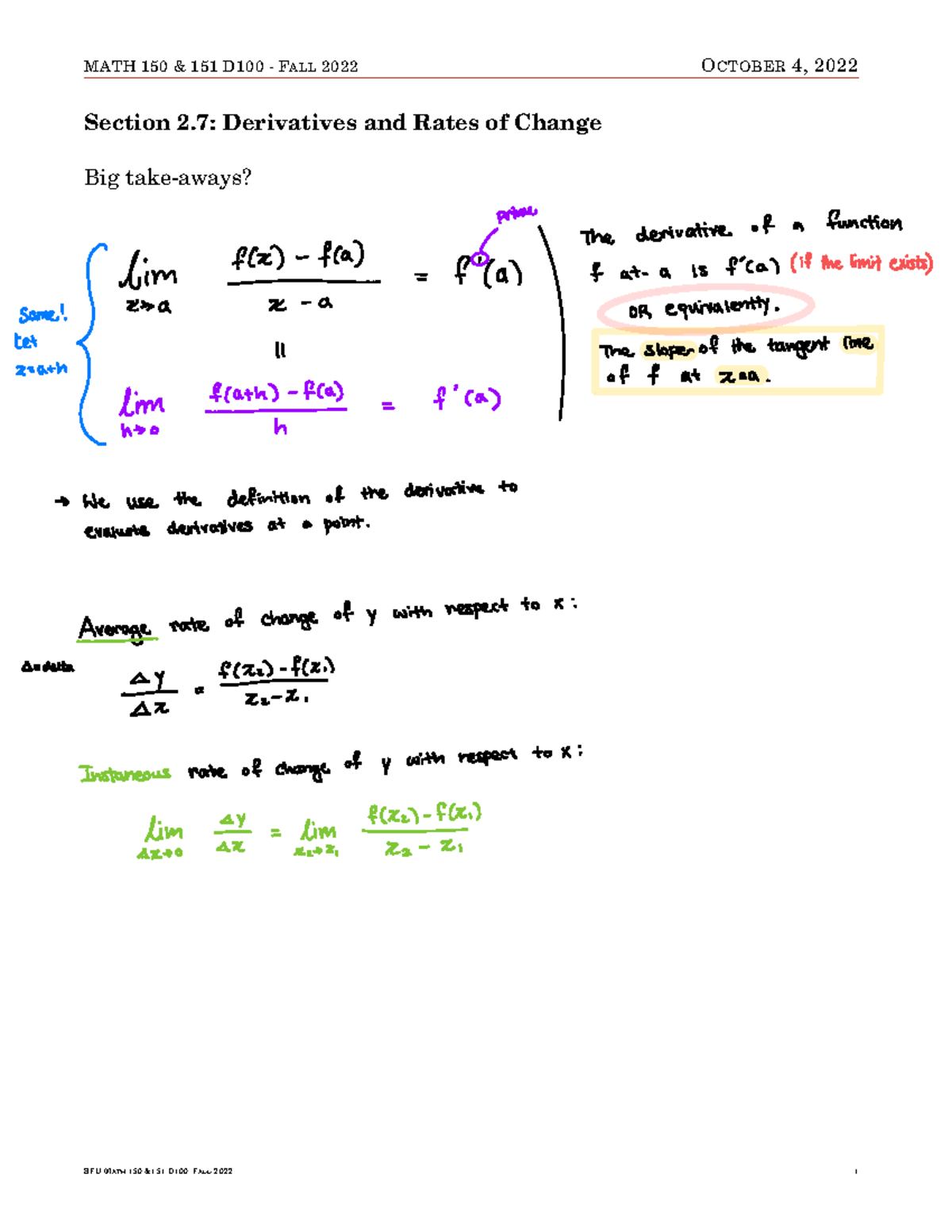 Calculus With Review 2 - Notes - Section 2: Derivatives and Rates of ...