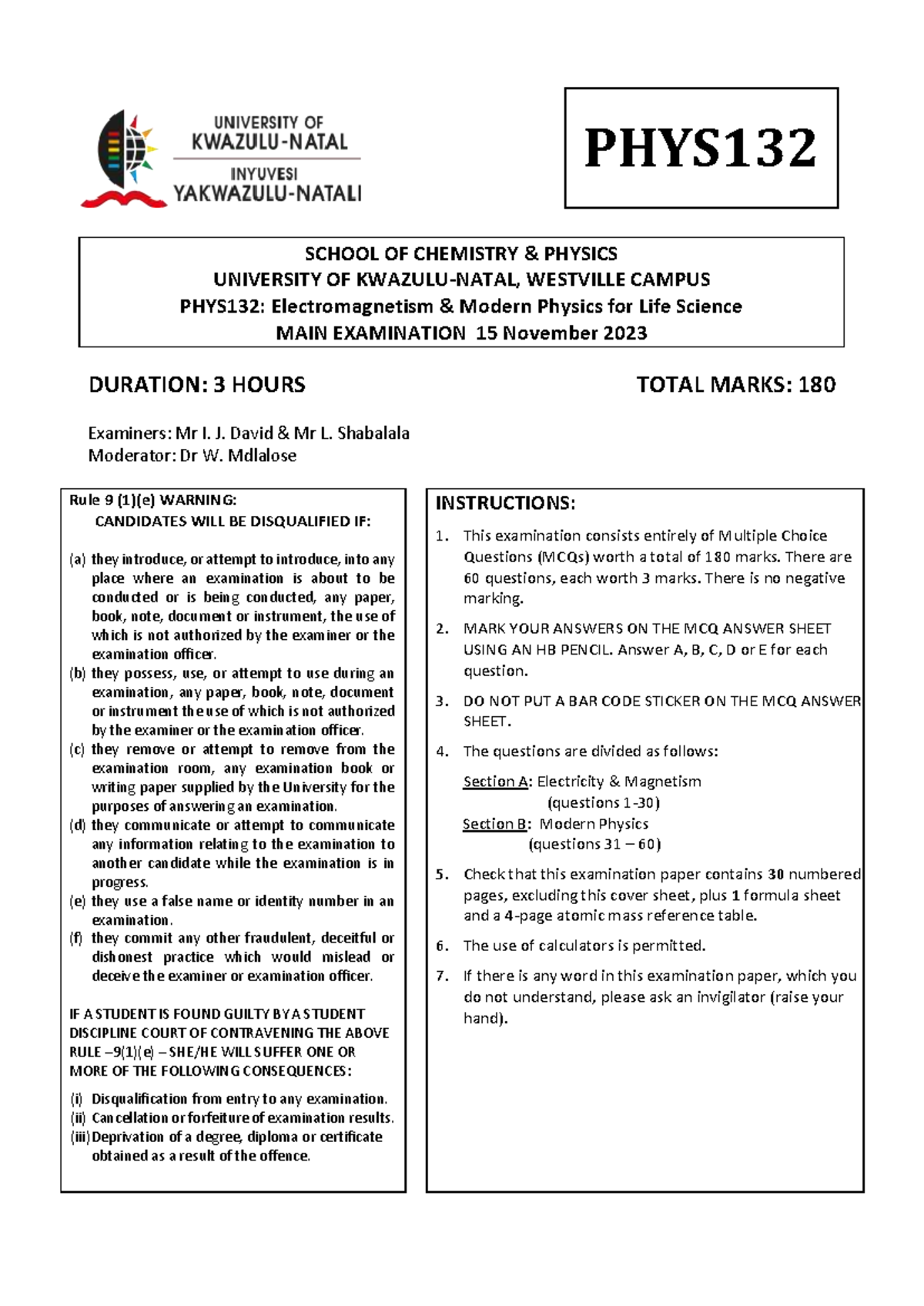 Main Exam - pys - SCHOOL OF CHEMISTRY & PHYSICS UNIVERSITY OF KWAZULU-NATAL, WESTVILLE CAMPUS ...