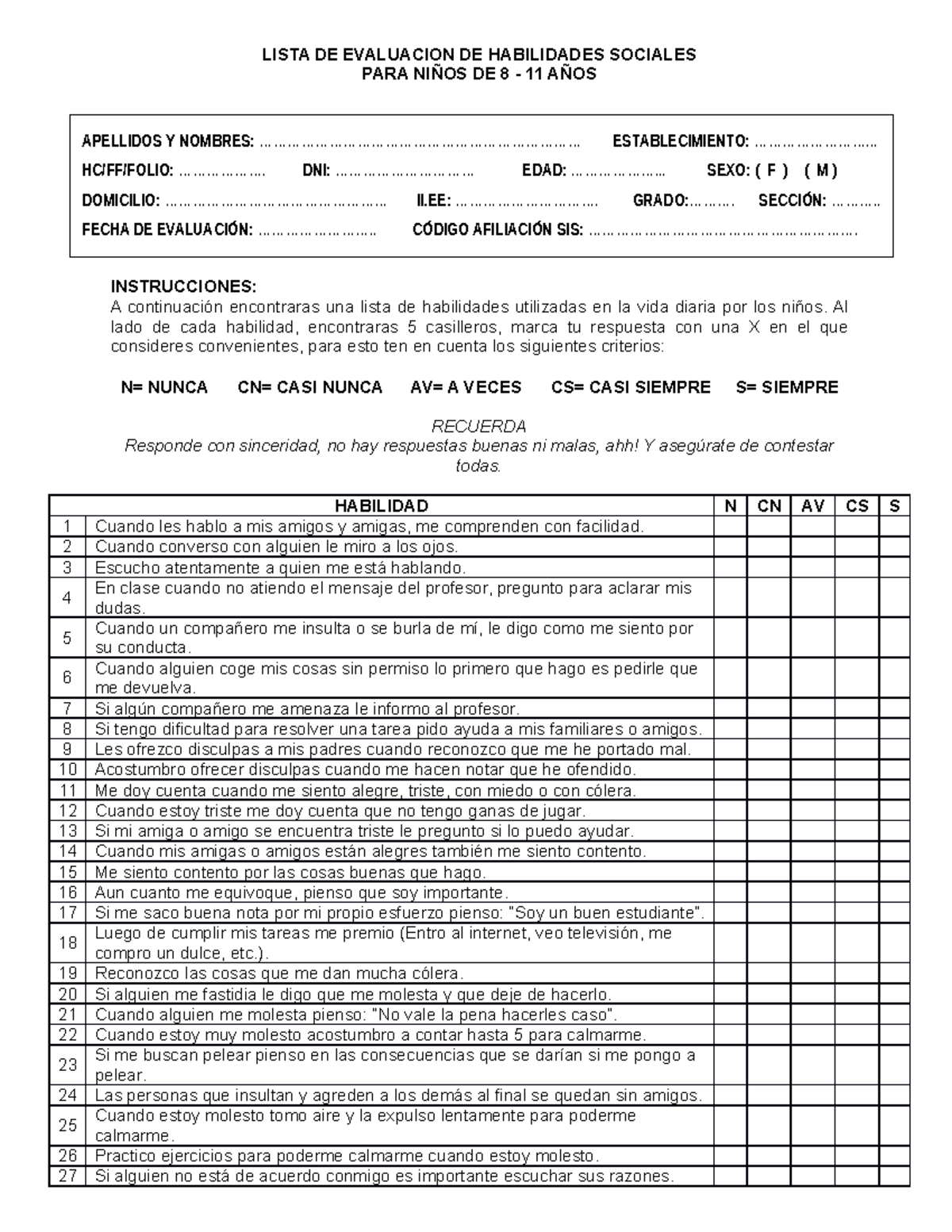 Toaz - datos - LISTA DE EVALUACION DE HABILIDADES SOCIALES PARA NIÑOS ...