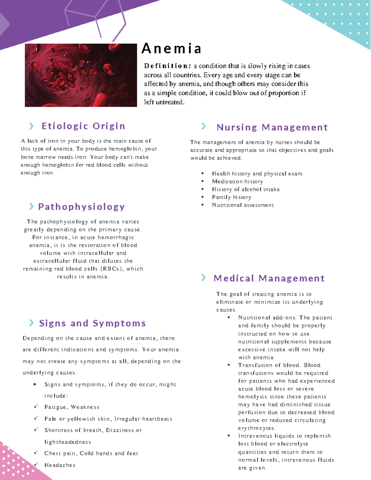 Anemia - Notes - A n e m i a D e f i n i t i o n : a condition that is ...