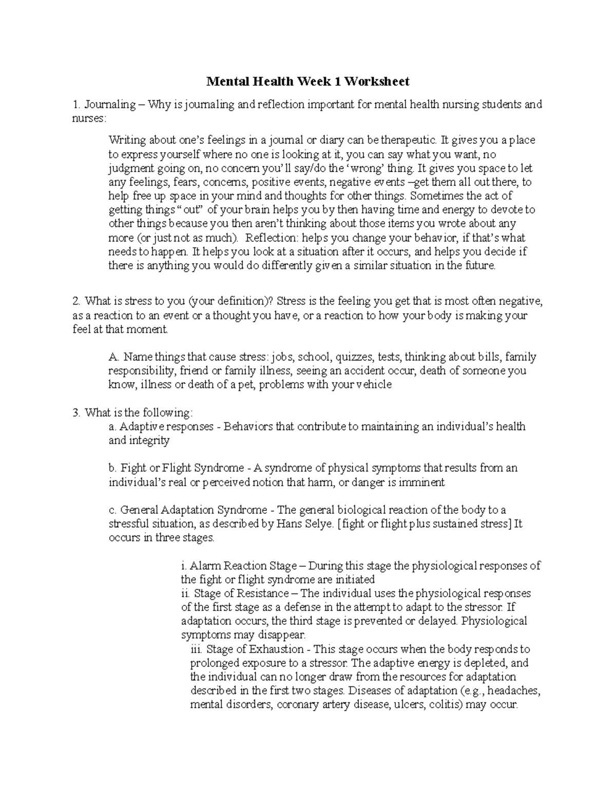 Mental Health week 1 worksheet - Mental Health Week 1 Worksheet ...