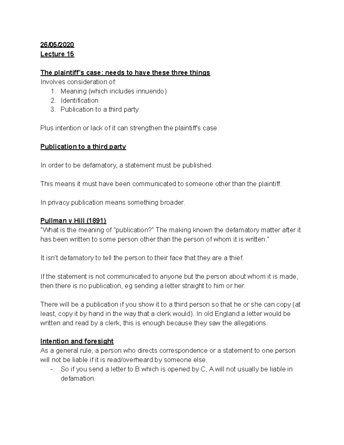 LAWS212-Lecture 15 - Defamation - 26/05/ Lecture 15 The plaintiff’s case: needs to have these ...
