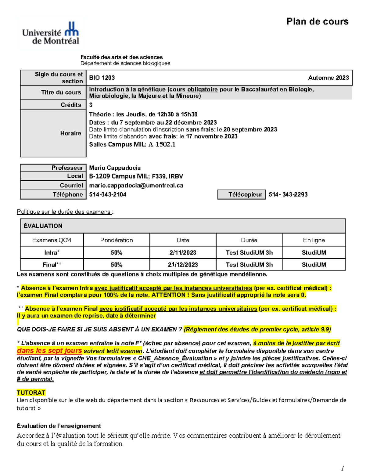 Plan de cours - 1 Plan de cours Faculté des arts et des sciences ...
