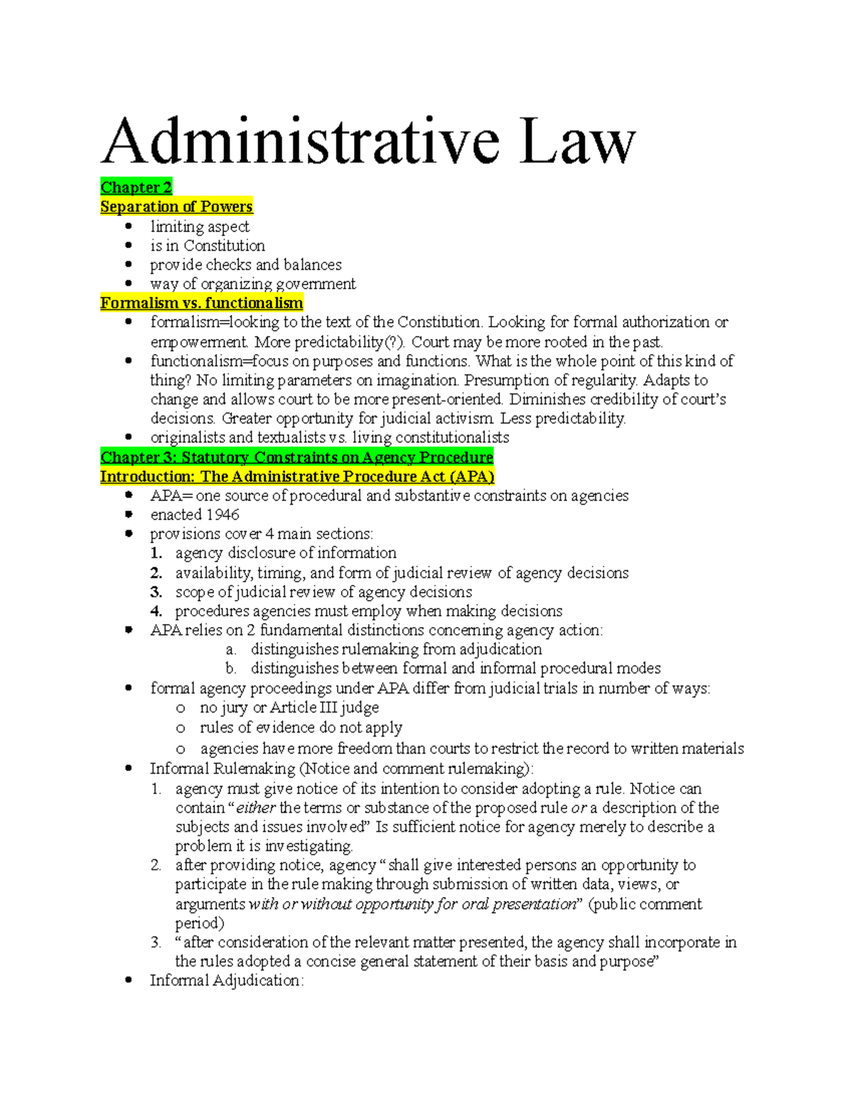 Administrative Law Outline - Administrative Law Chapter 2 Separation of ...