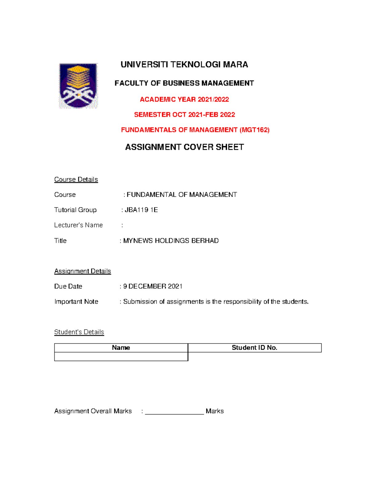 Mgt162 assignment-mynews report - UNIVERSITI TEKNOLOGI MARA FACULTY OF ...