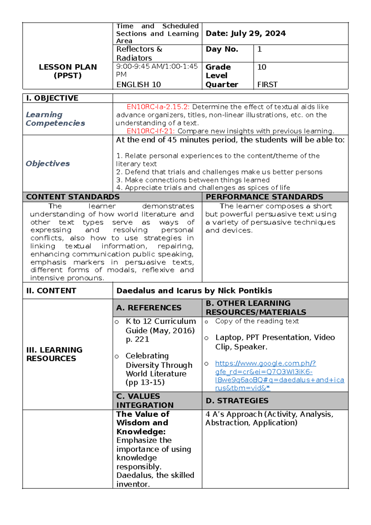 English 10 LP week 1 PPST Format - LESSON PLAN (PPST) Time and ...