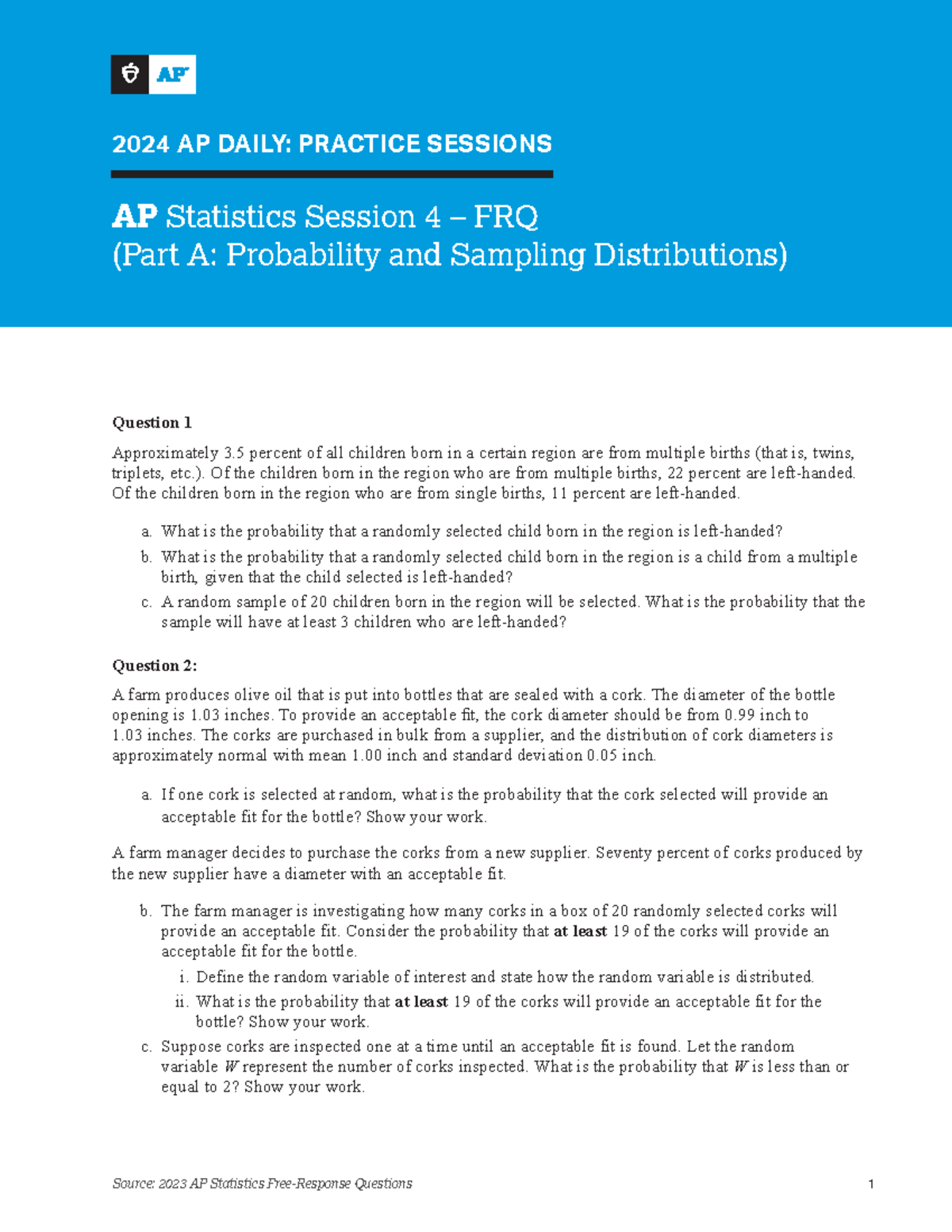 AP Statistics Session 4 Worksheet - Source: 2023 AP Statistics Free ...