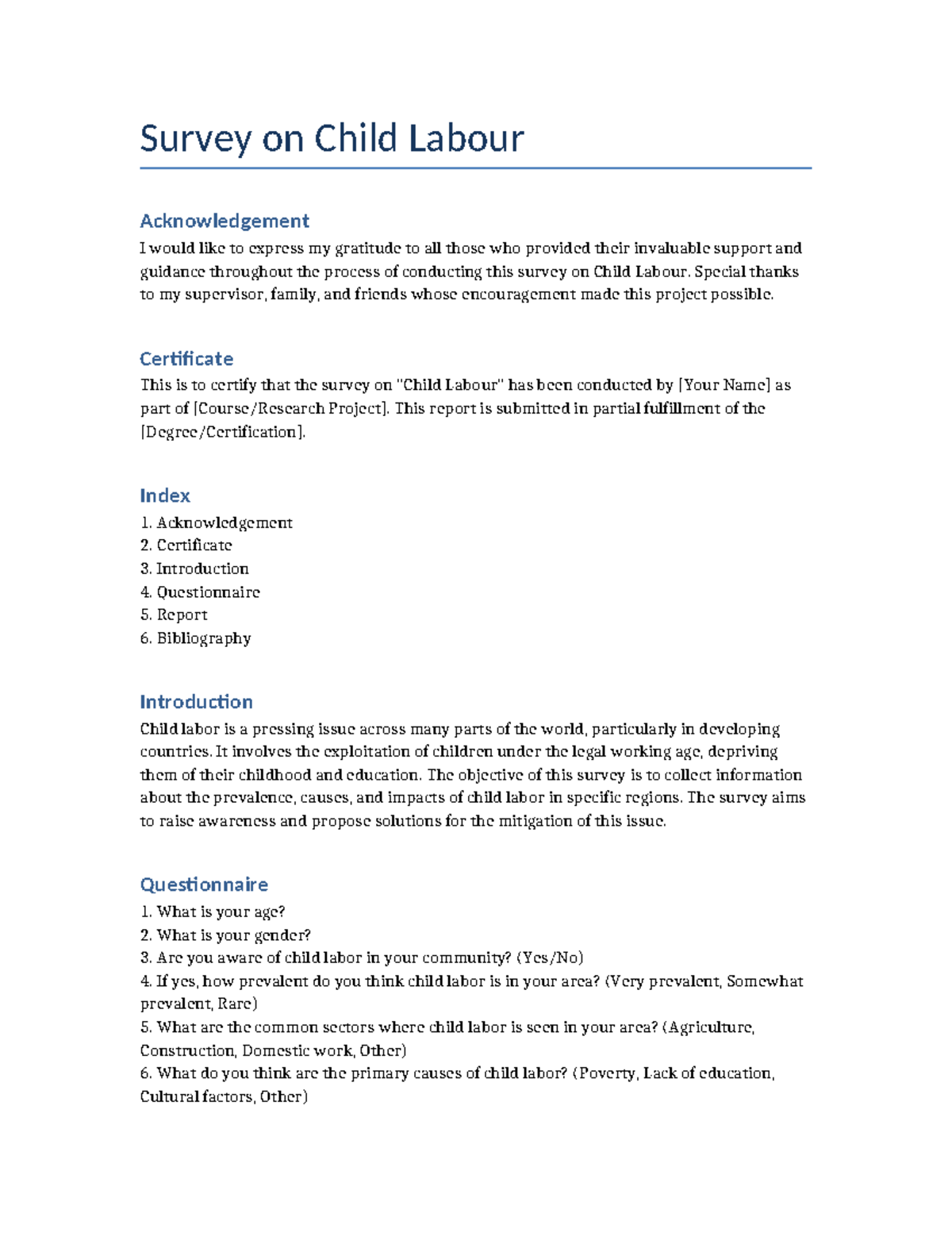 Child Labour Survey Template - Survey on Child Labour Acknowledgement I ...