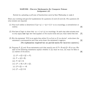 Tute8 - MAT1830 - Discrete Mathematics for Computer Science Tutorial Sheet #8 and Additional ...