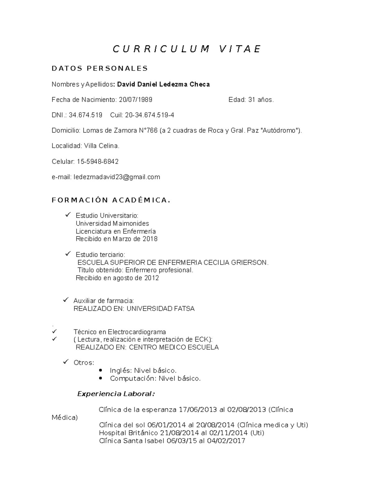 CV Ledezma David - curriculum - C U R R I C U L U M V I T A E D A T O S ...