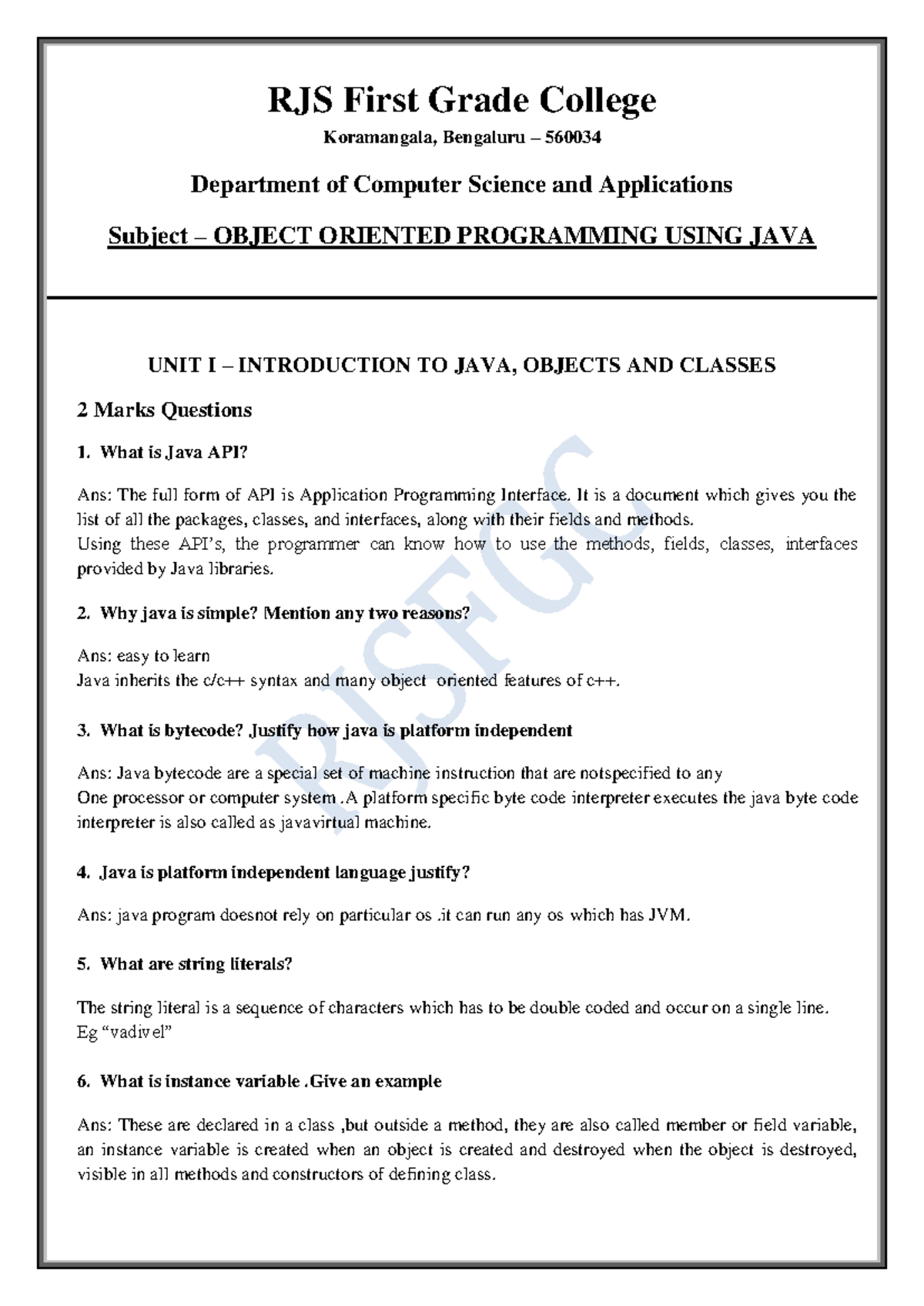 2nd Sem OOPs using JAVA NEP - RJS First Grade College Koramangala ...