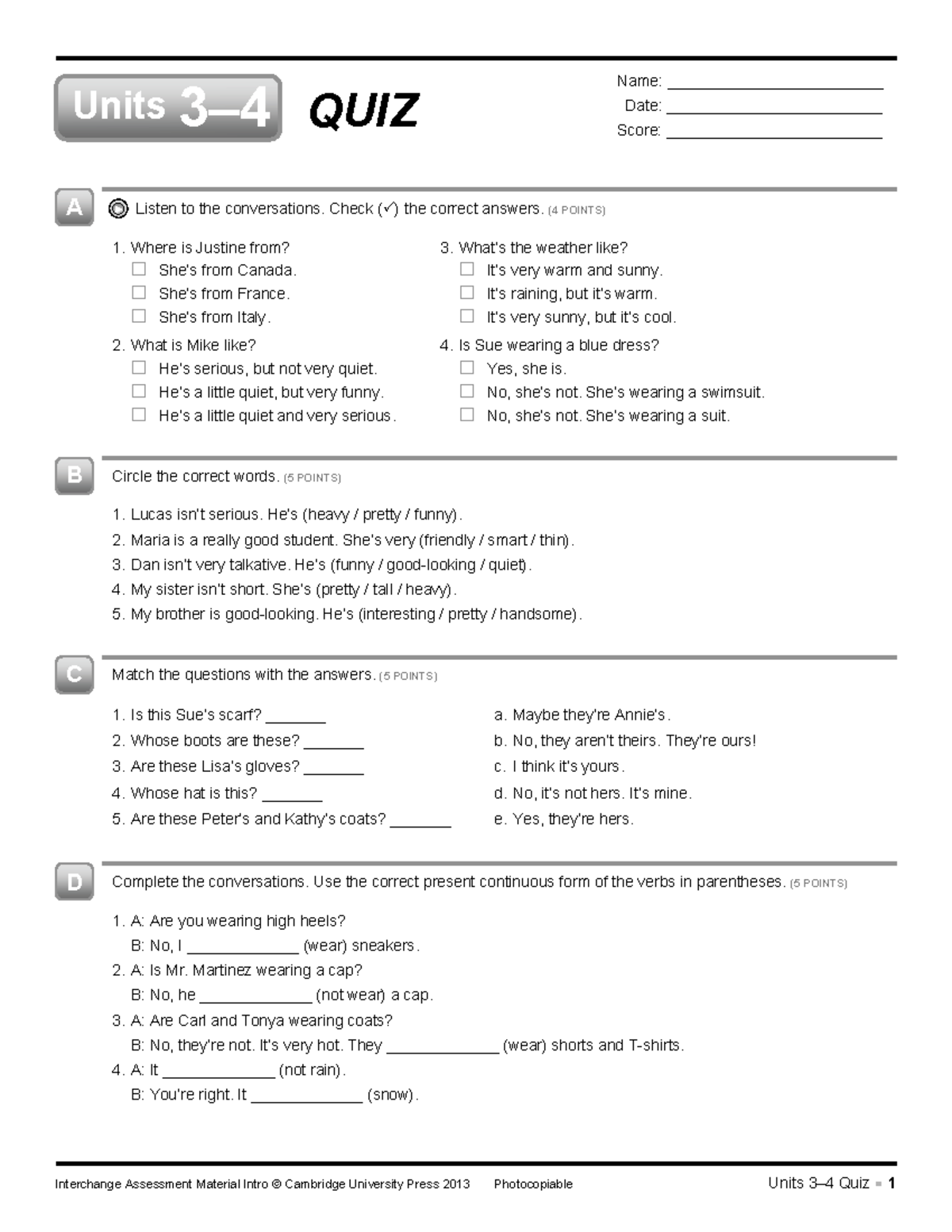 355870105 Examen Unidad 3 4 - Interchange Assessment Material Intro © Cambridge University Press ...