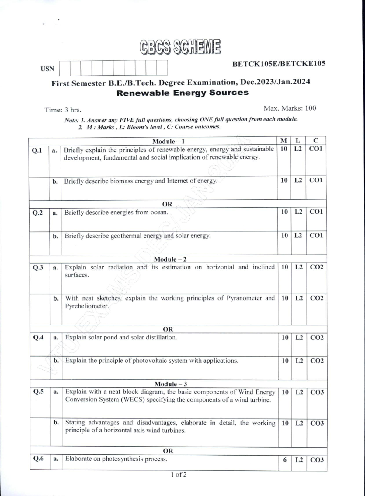 SCH Betck 105E - previous year paper - CBCS SCHEME USN First Semester Degree Examination ...