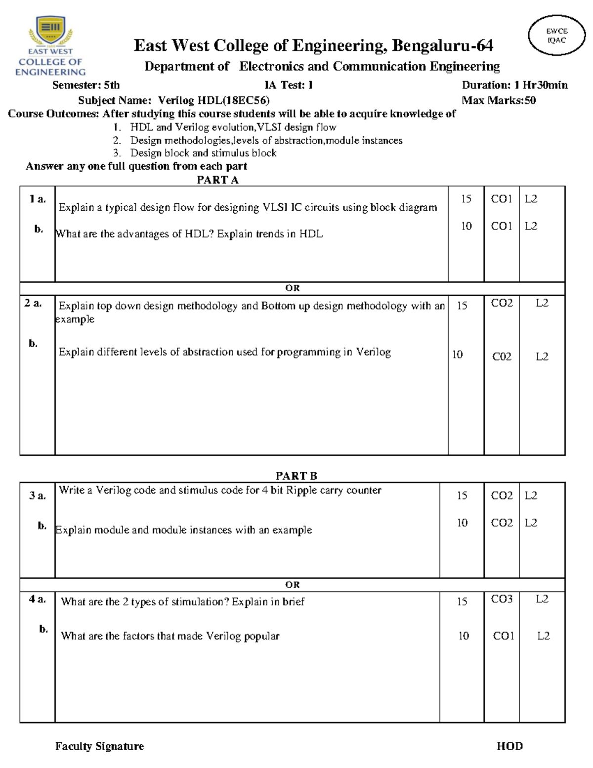 Verilog Hdl Question Paper Internal 1 East West College Of Engineering Bengaluru Department 