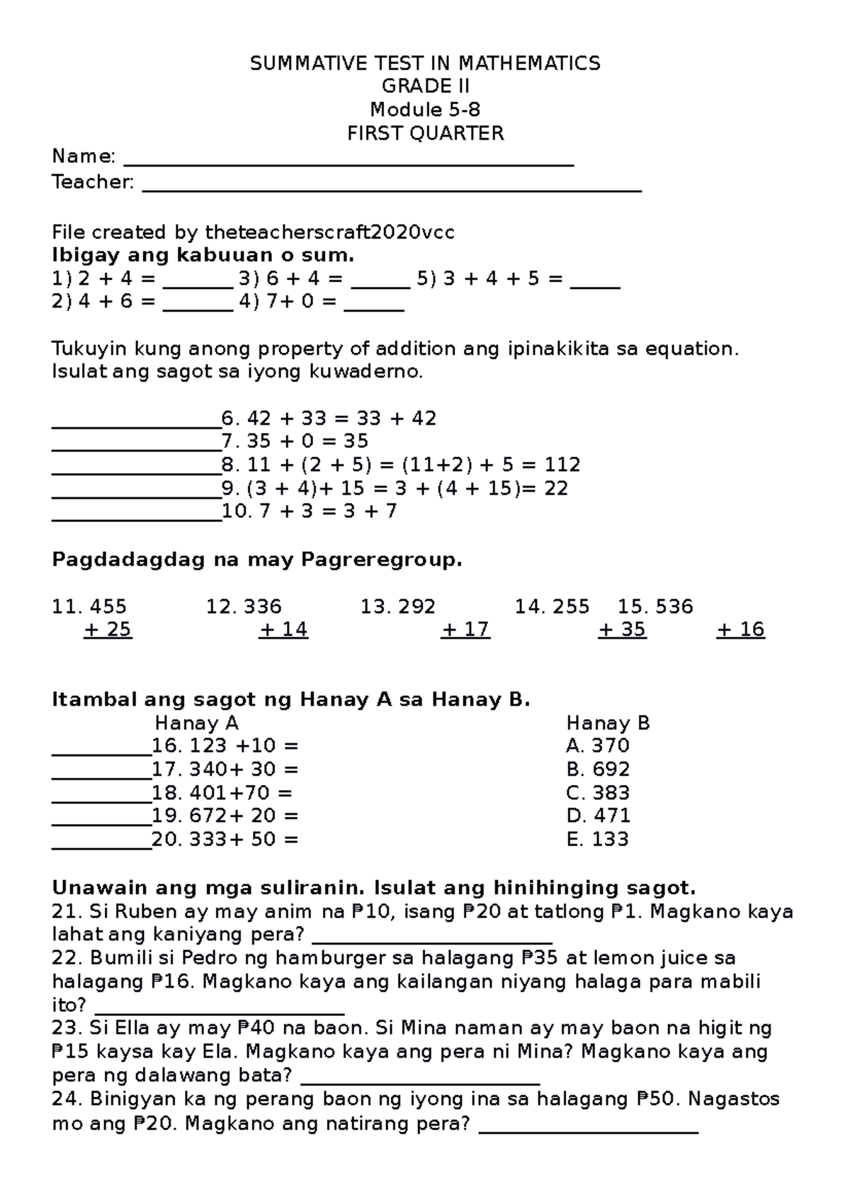 Summative TEST IN Mathematics - SUMMATIVE TEST IN MATHEMATICS GRADE II ...