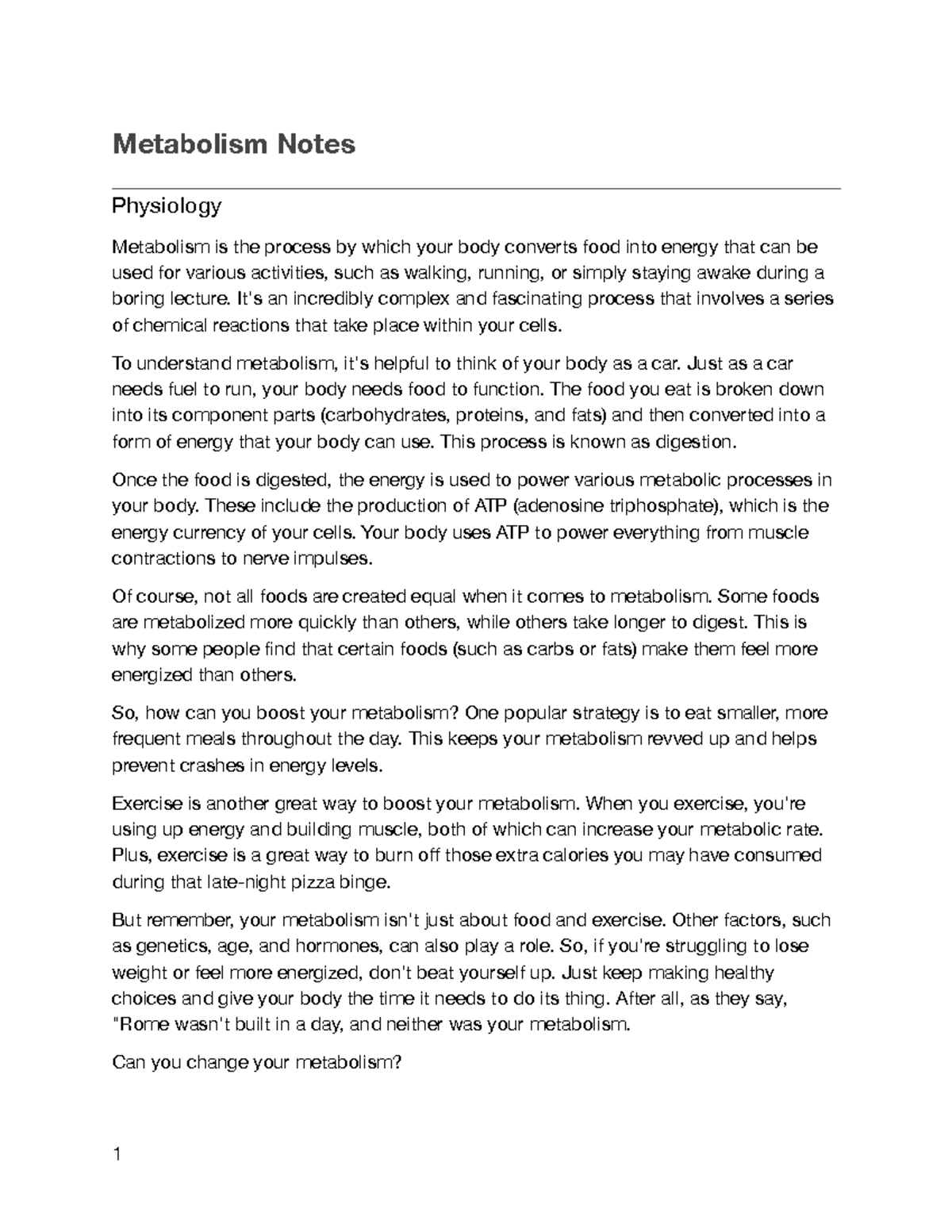 Metabolism Notes - Metabolism Notes Physiology Metabolism is the ...