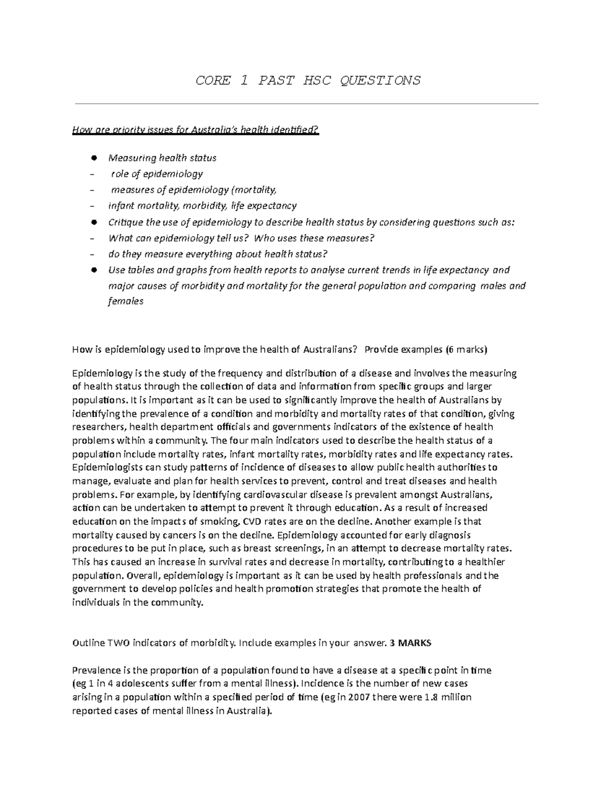 PAST CORE 1 2 Questions - Practice material for tests - CORE 1 PAST HSC ...