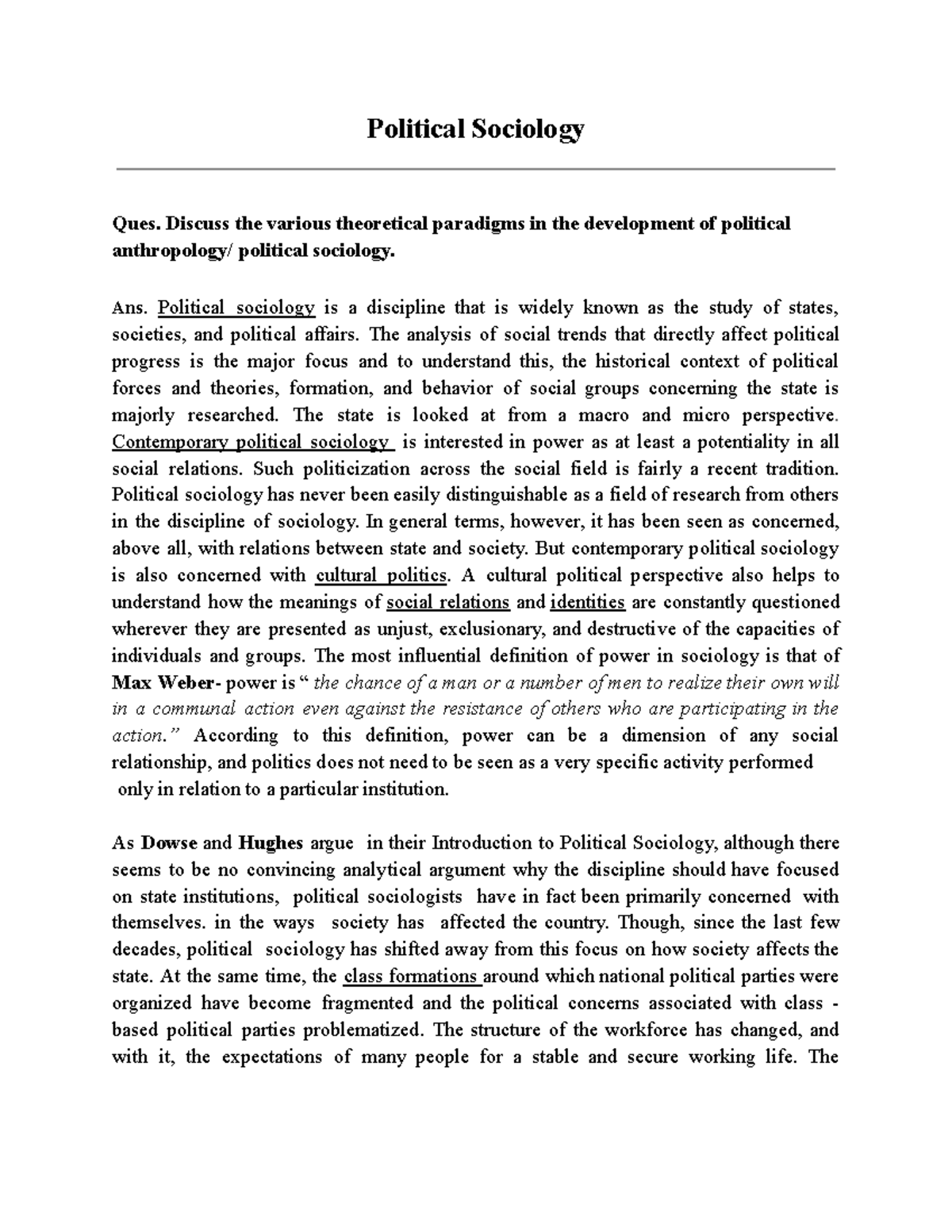 Political soc - Political Sociology Ques. Discuss the various ...