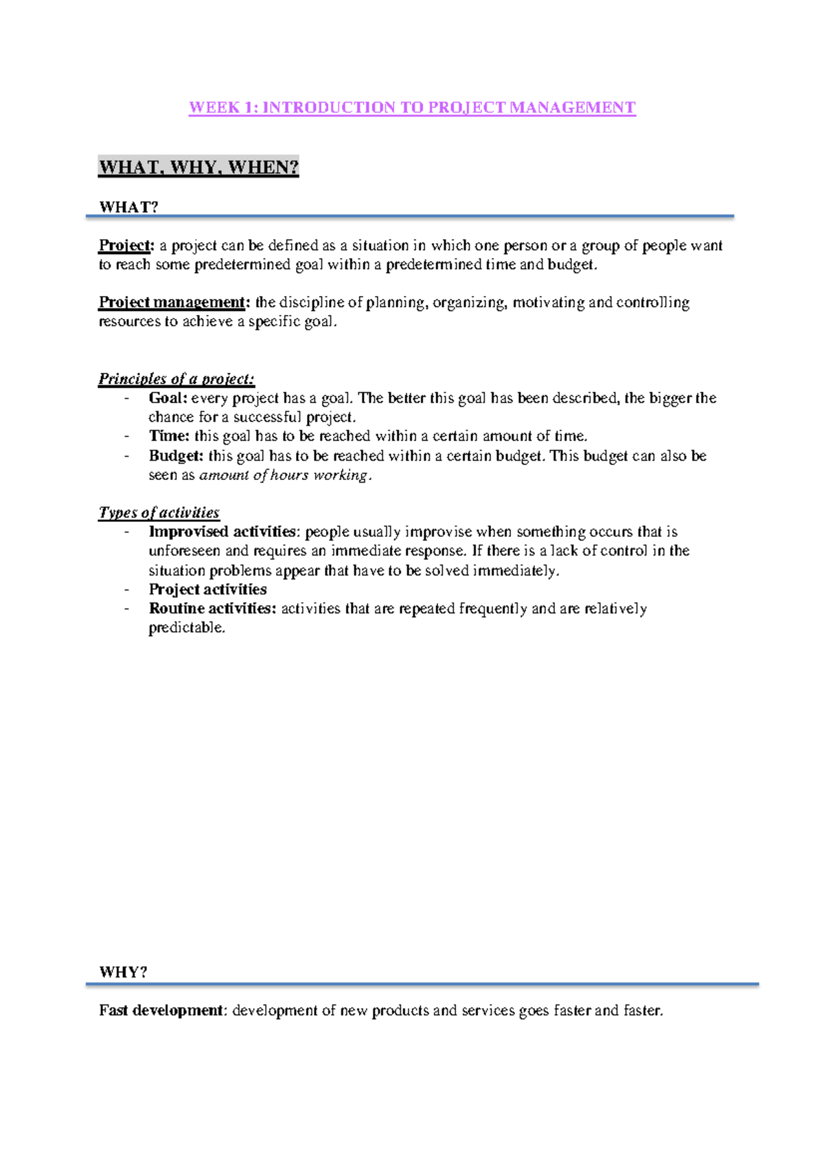 Notes Project Managemen- Week 1 - WEEK 1: INTRODUCTION TO PROJECT ...