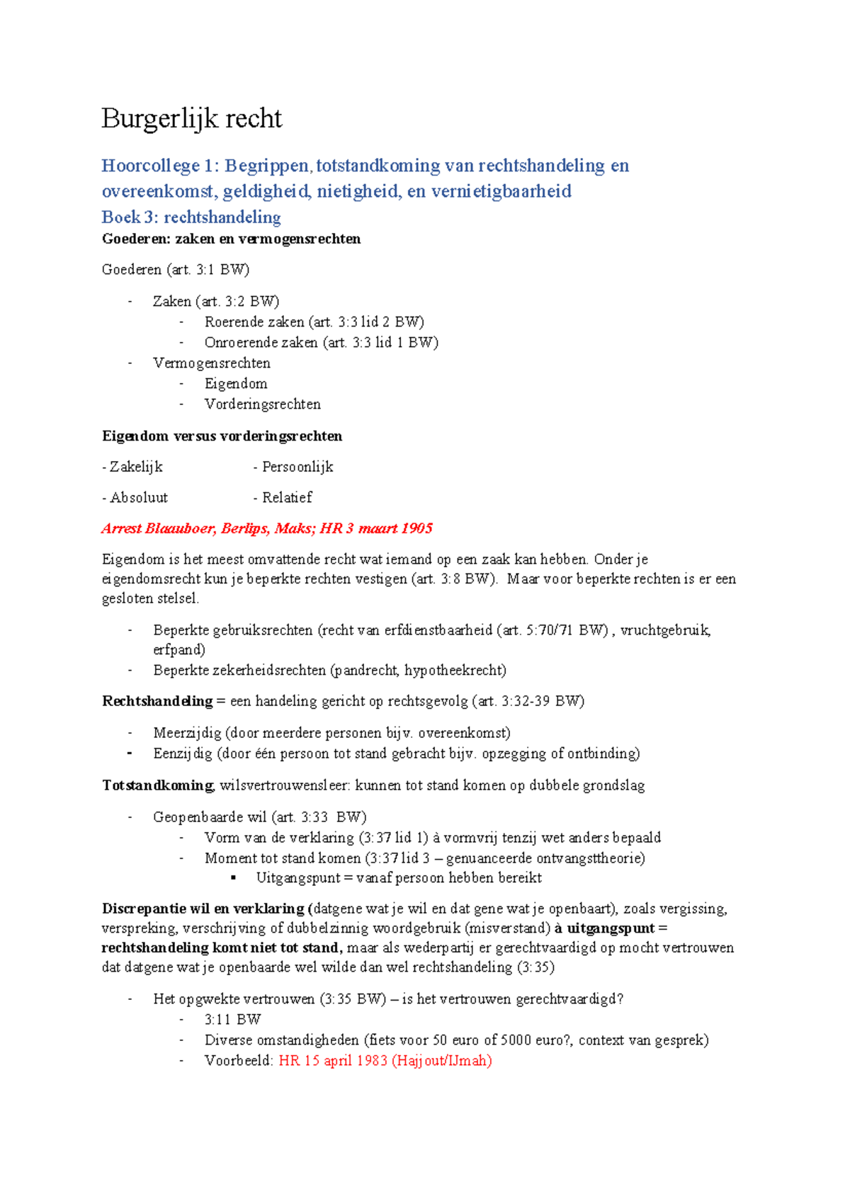 Burgerlijk recht - Burgerlijk recht Hoorcollege 1: Begrippen ...