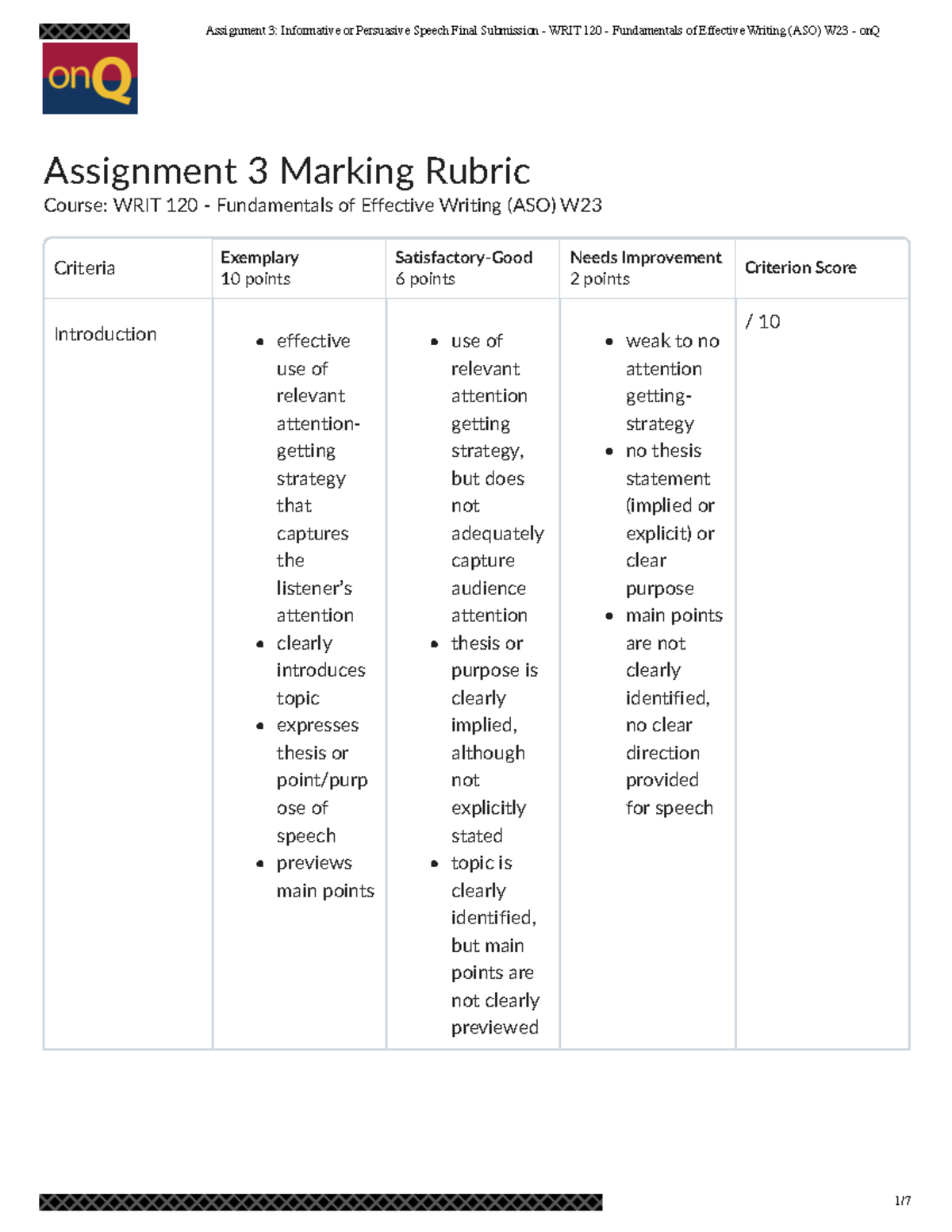 Assignment 3 Informative or Persuasive Speech Final Submission - Rubric ...