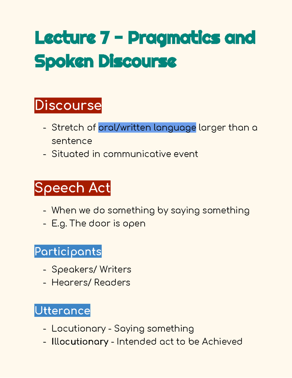 Linguistics Lecture 7-11 - Lecture 7 - Pragmatics and Spoken Discourse ...
