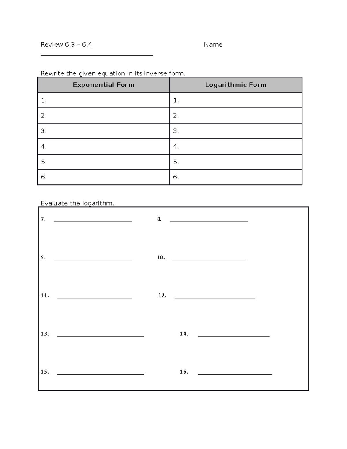 Review for Test 6-3 and 6-4 - Review 6 – 6 ...