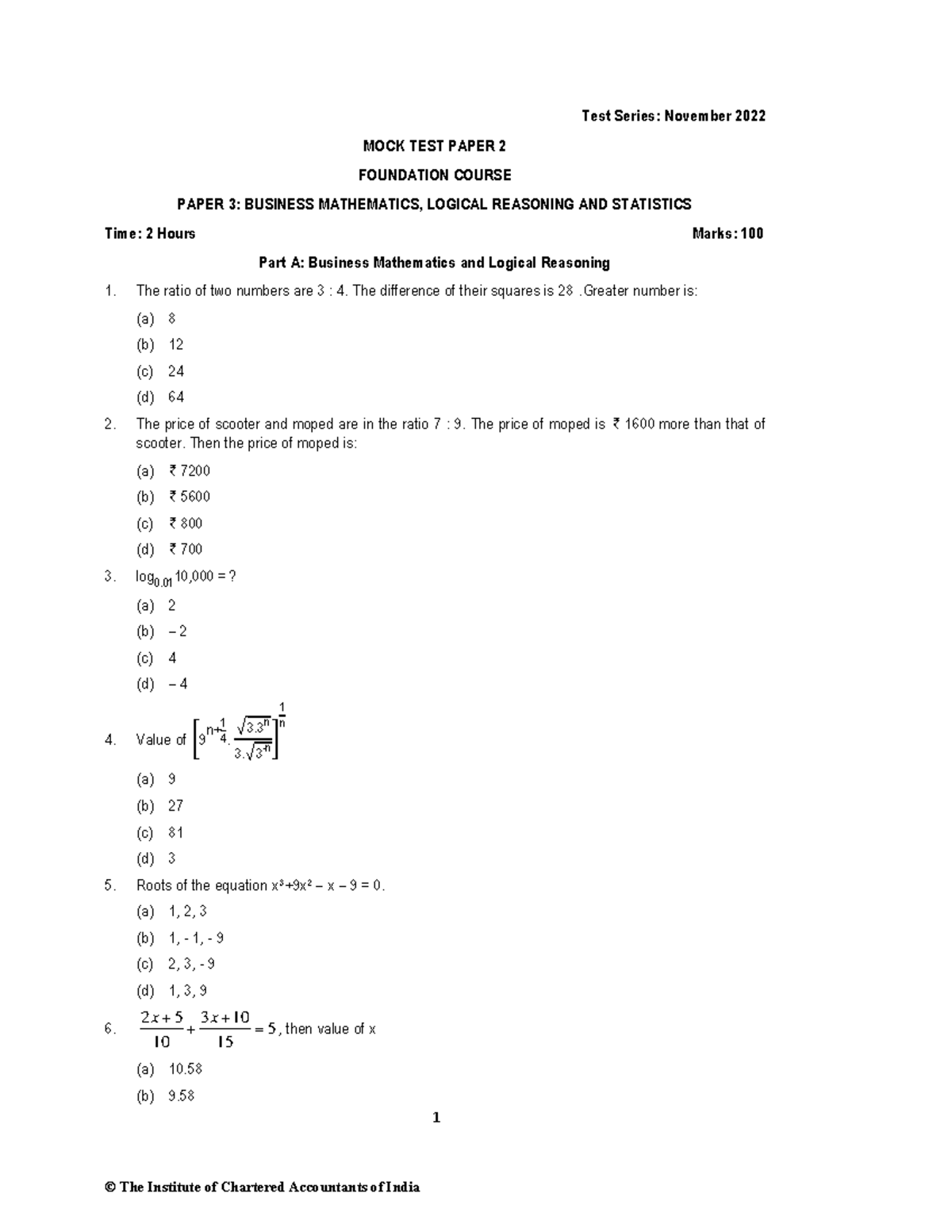 Mtp paper 3 - Data optimisation - 1 Test Series: November 2022 MOCK ...