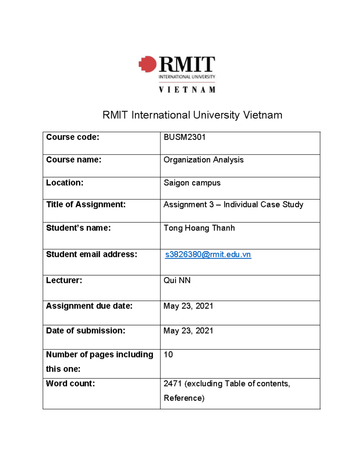 Organisational Analysis ASM 3 - RMIT International University Vietnam ...