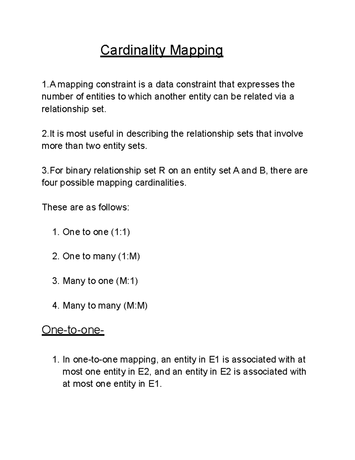 Cardinality Mapping - 2 is most useful in describing the relationship ...