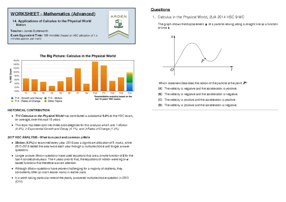 2019 MA Motion Worksheet HSC Questions w solutions - WORKSHEET ...