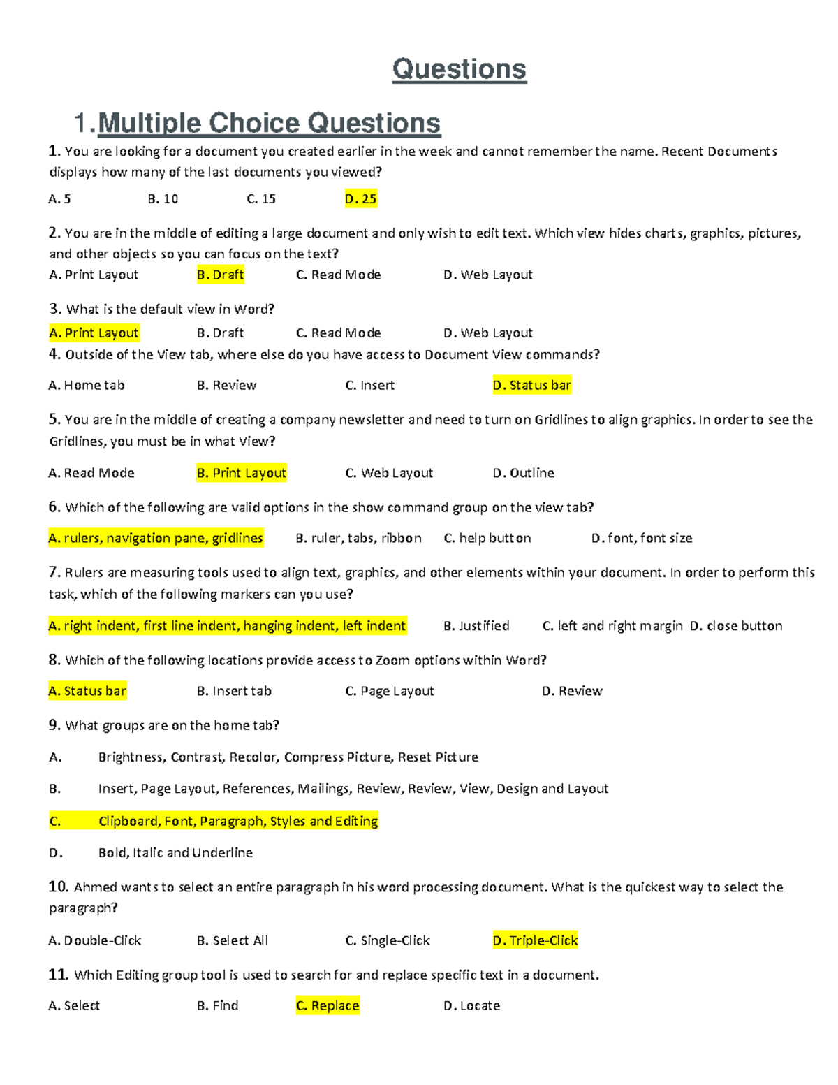 Word Review Questions Answer - Questions 1. Multiple Choice Questions 1 ...