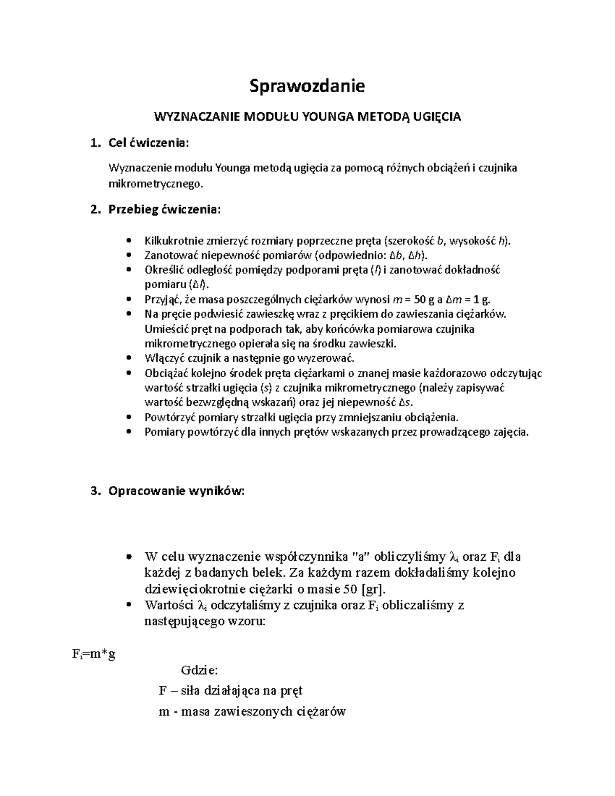 Sprawozdanie - Moduł Younga - Sprawozdanie WYZNACZANIE MODUŁU YOUNGA ...