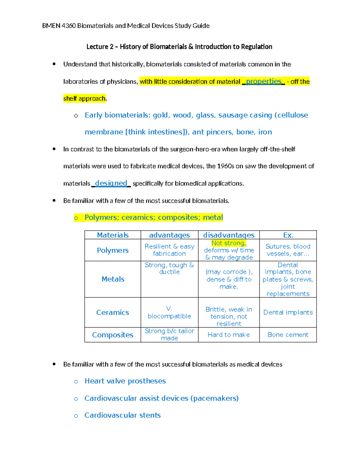 Lecture 2 Study Guide - Lecture 2 – History of Biomaterials ...