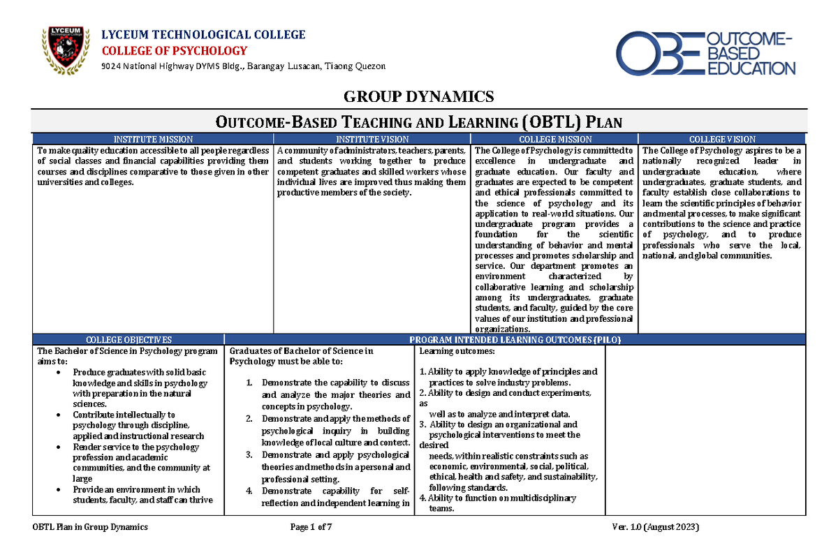 LTC - Group Dynamics Syllabus - COLLEGE OF PSYCHOLOGY 9024 National ...