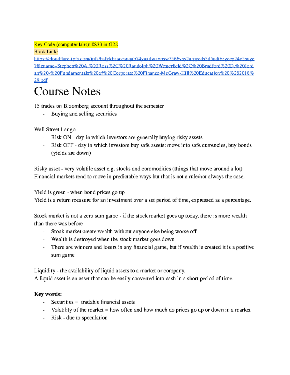 Finance Notes - Key Code (computer labs): 0833 in G Book Link: - Studocu