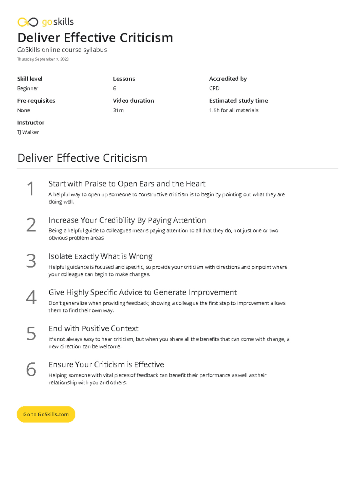 Deliver Effective Criticism - Go Skills course syllabus - Skill level ...