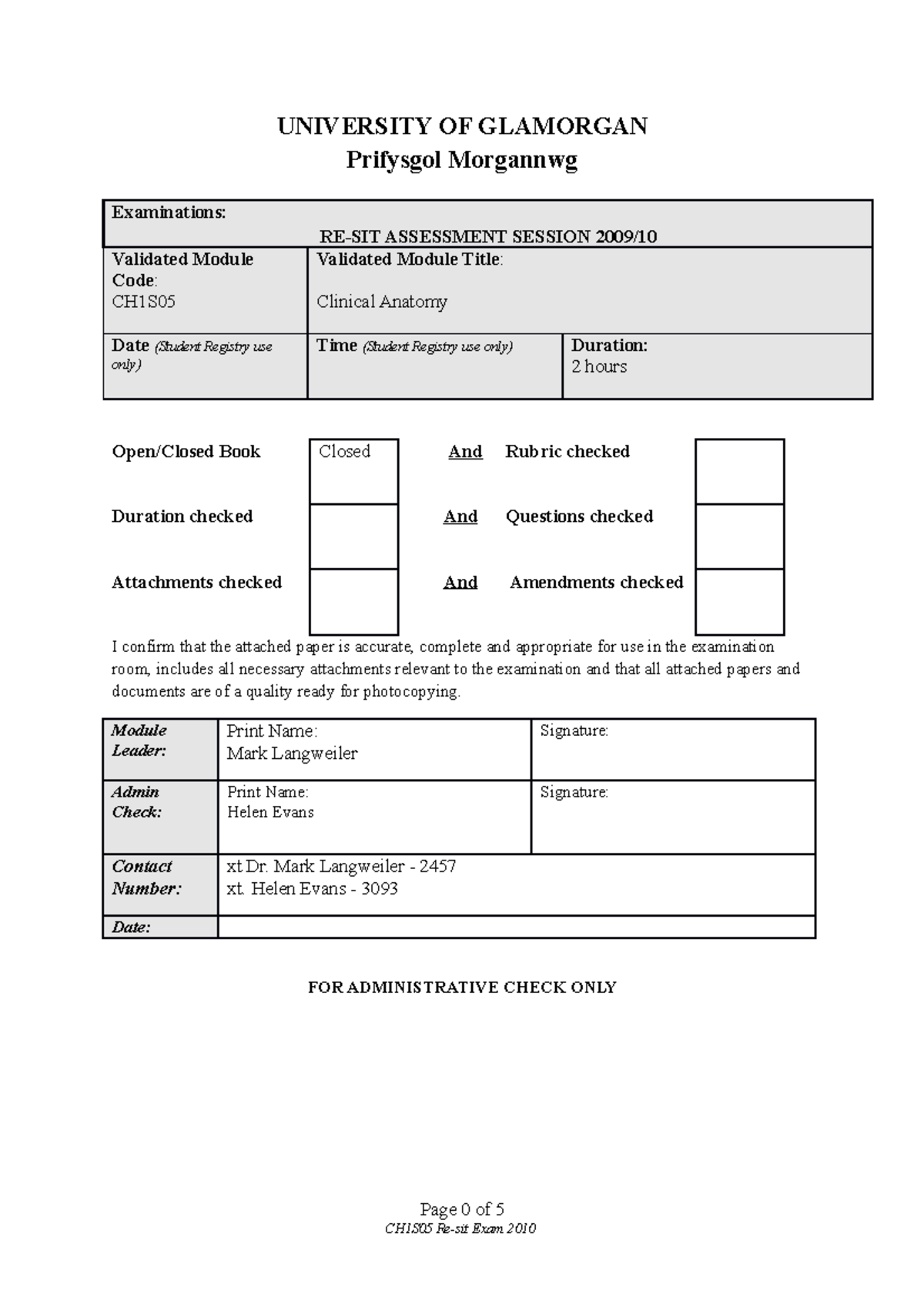 Anatomy resit assessment 2009-2010 ans - UNIVERSITY OF GLAMORGAN ...