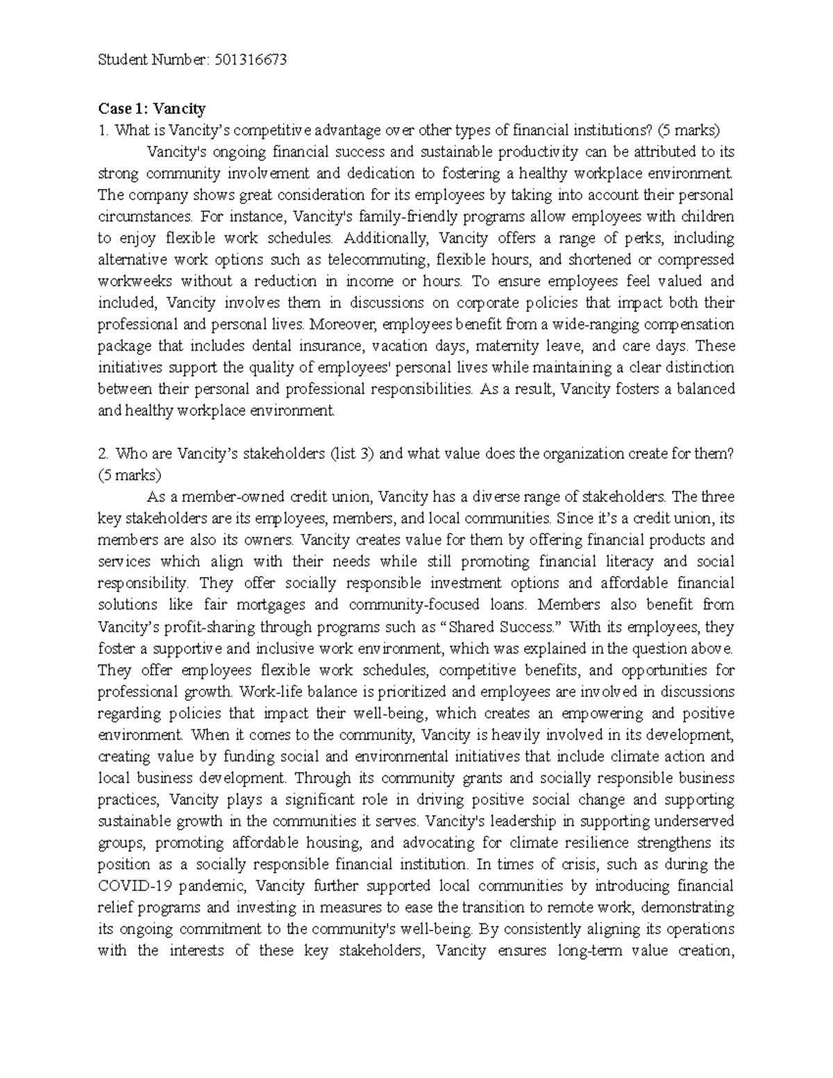 Case 1 - just some help - Student Number: 501316673 Case 1: Vancity ...