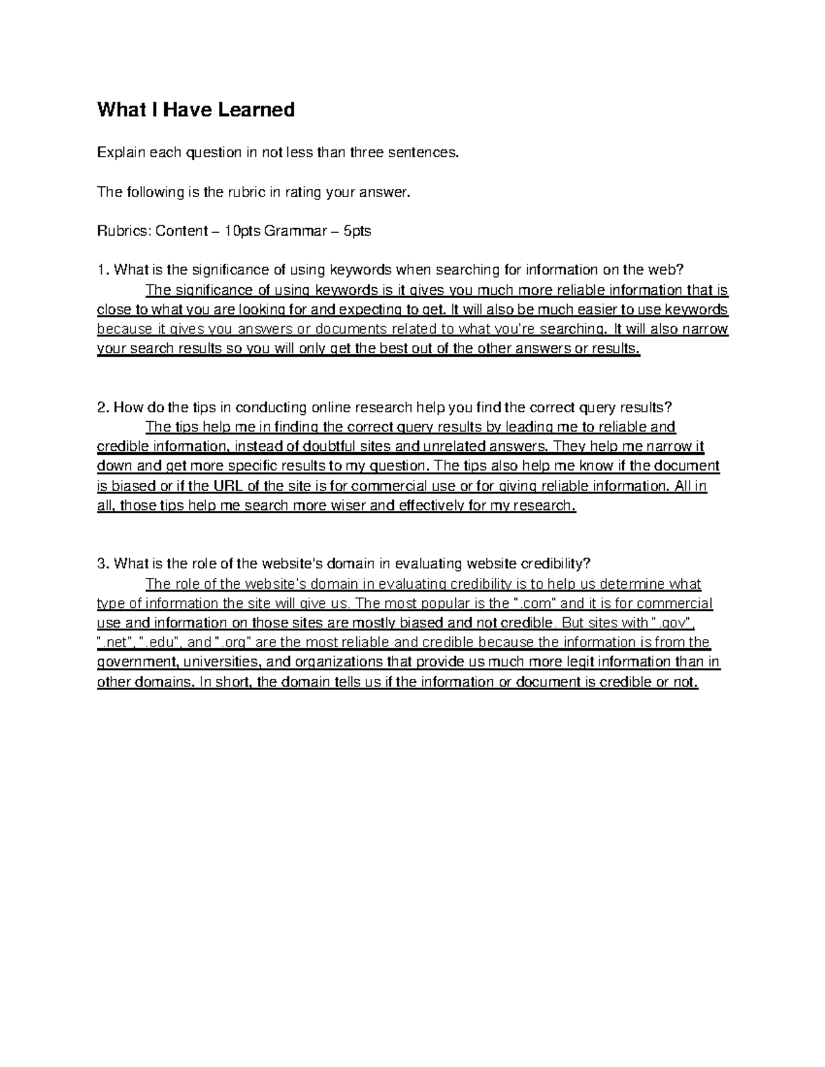 What I Have Learned - What I Have Learned Explain each question in not ...