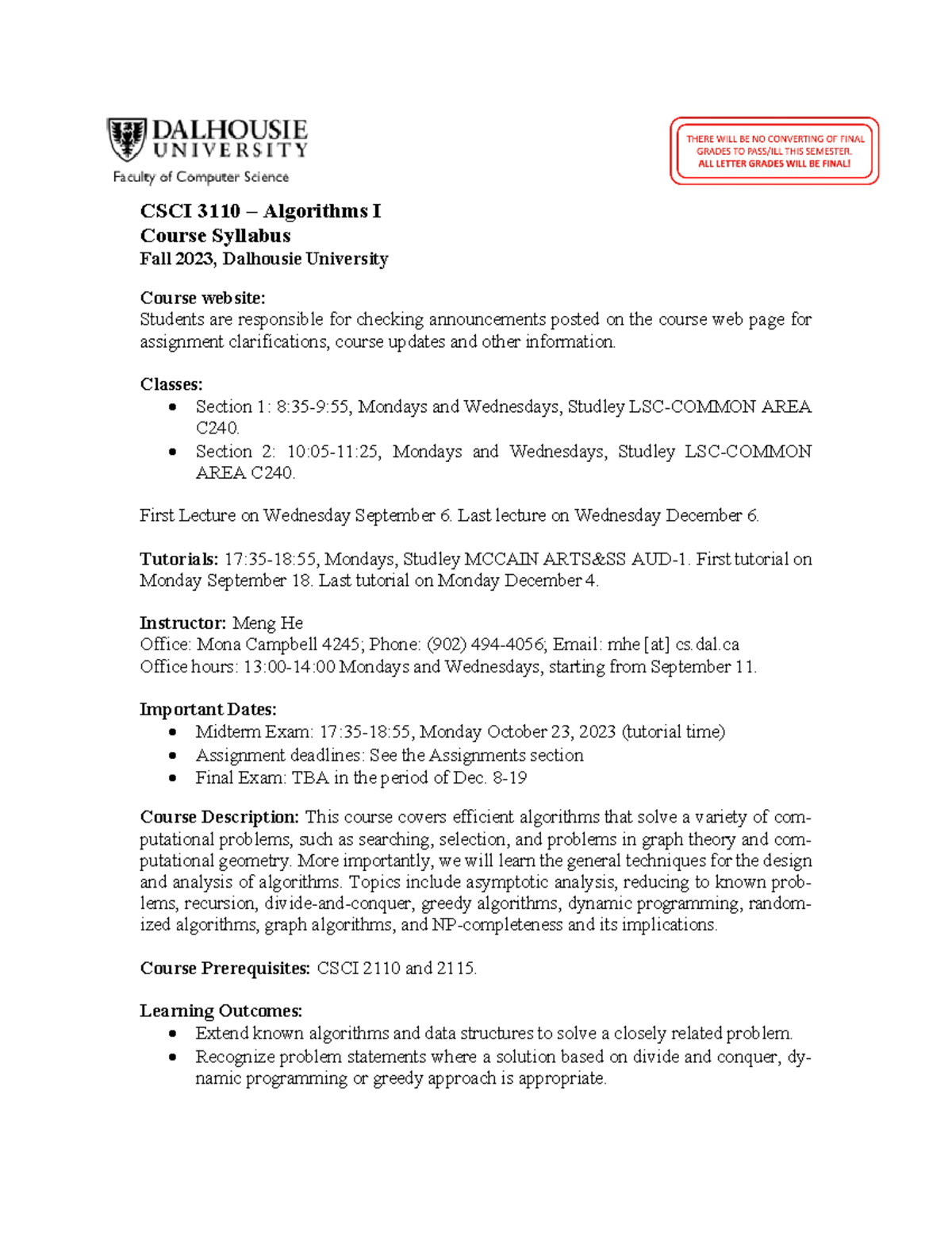Syllabus - CSCI 3110 – Algorithms I Course Syllabus Fall 2023 ...