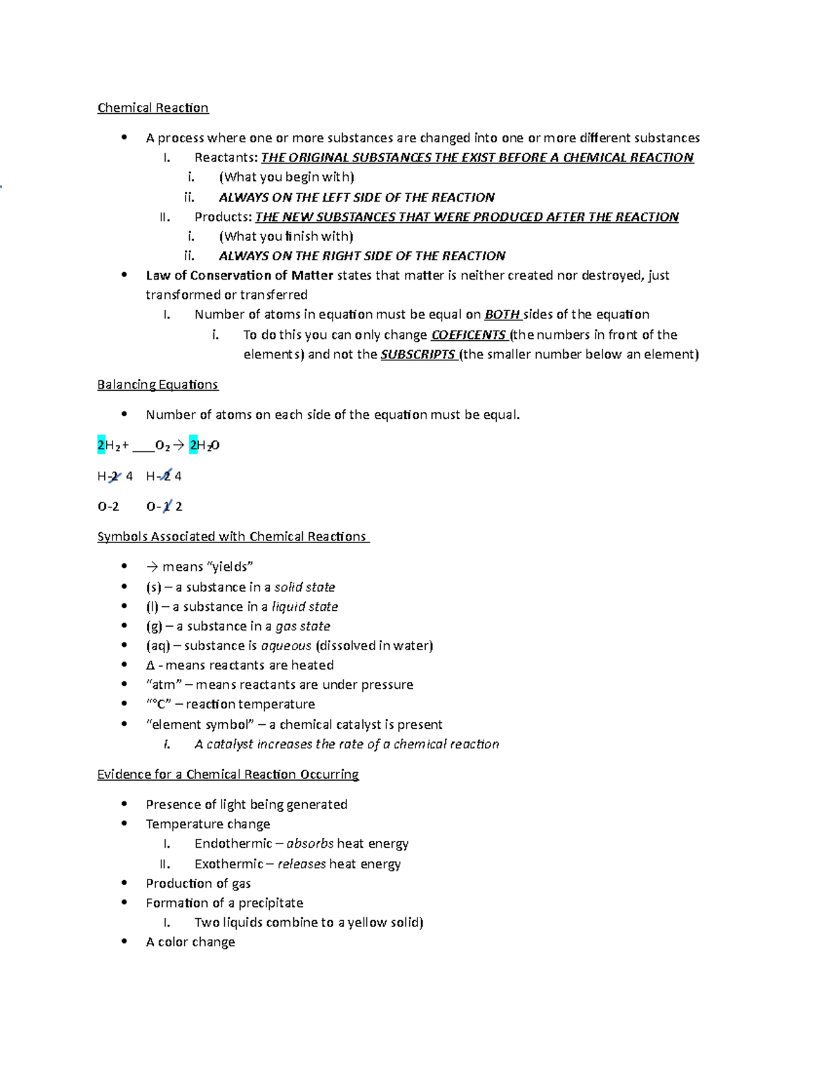 Chemistry Study Guide Unit 4 - Chemical Reaction A process where one or ...
