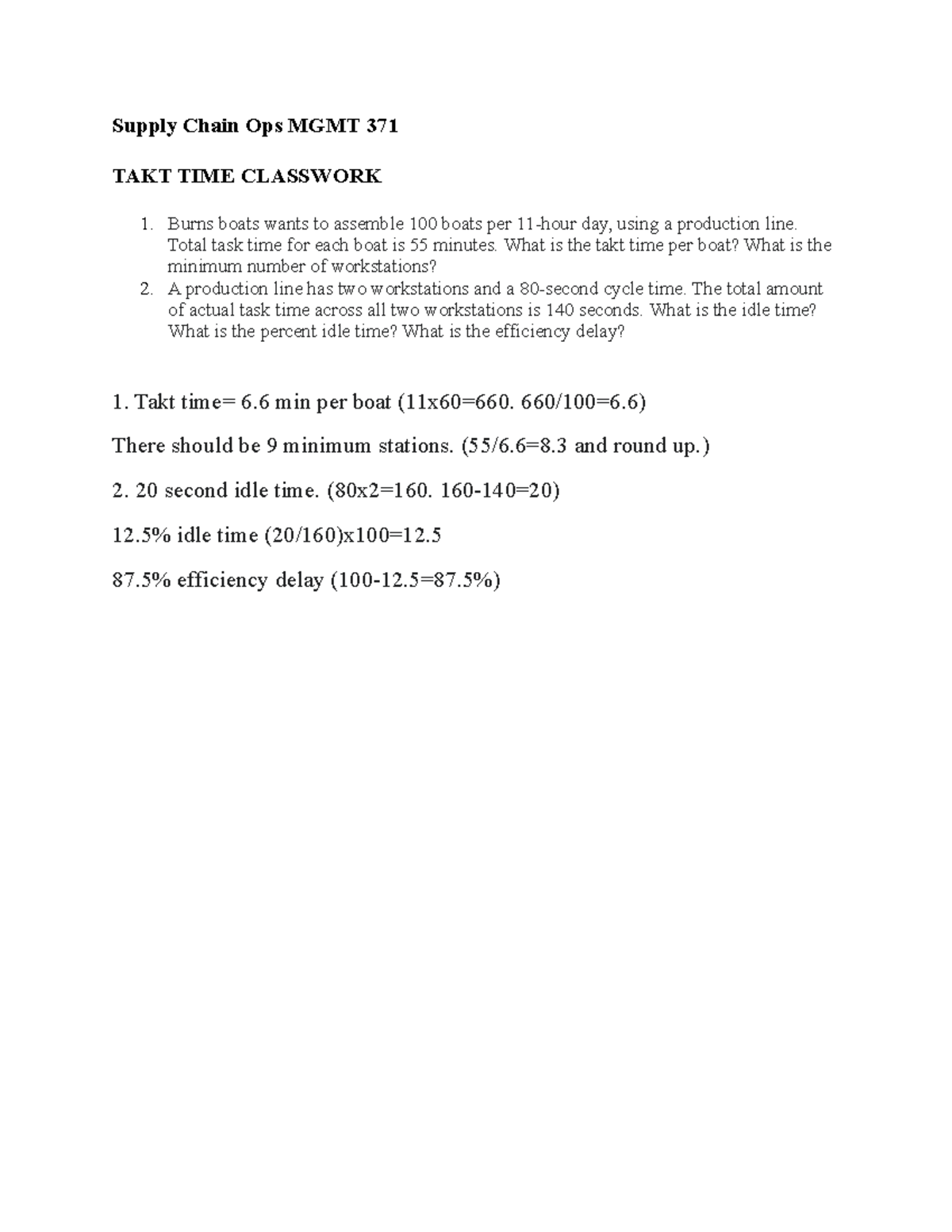 TAKT TIME Classwork - Supply Chain Ops MGMT 371 TAKT TIME CLASSWORK ...