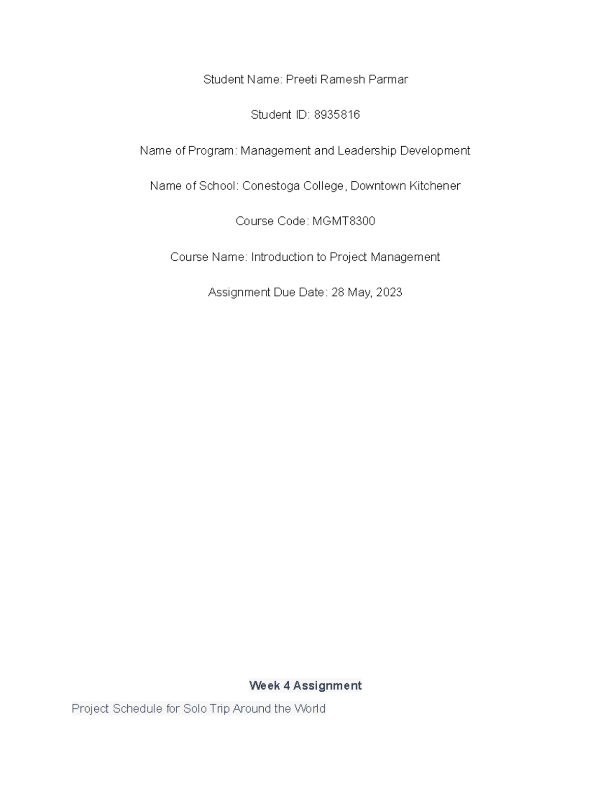 Introduction to Project Management - Student Name: Preeti Ramesh Parmar ...