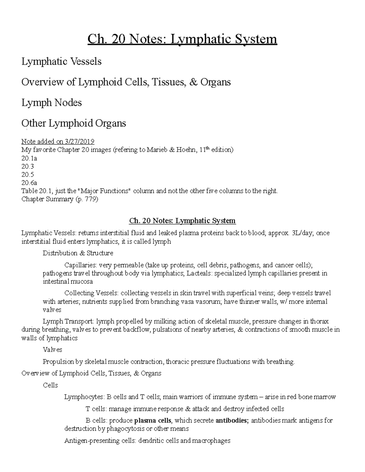 Ch20 notes - Lymphatic System - Ch. 20 Notes: Lymphatic System ...