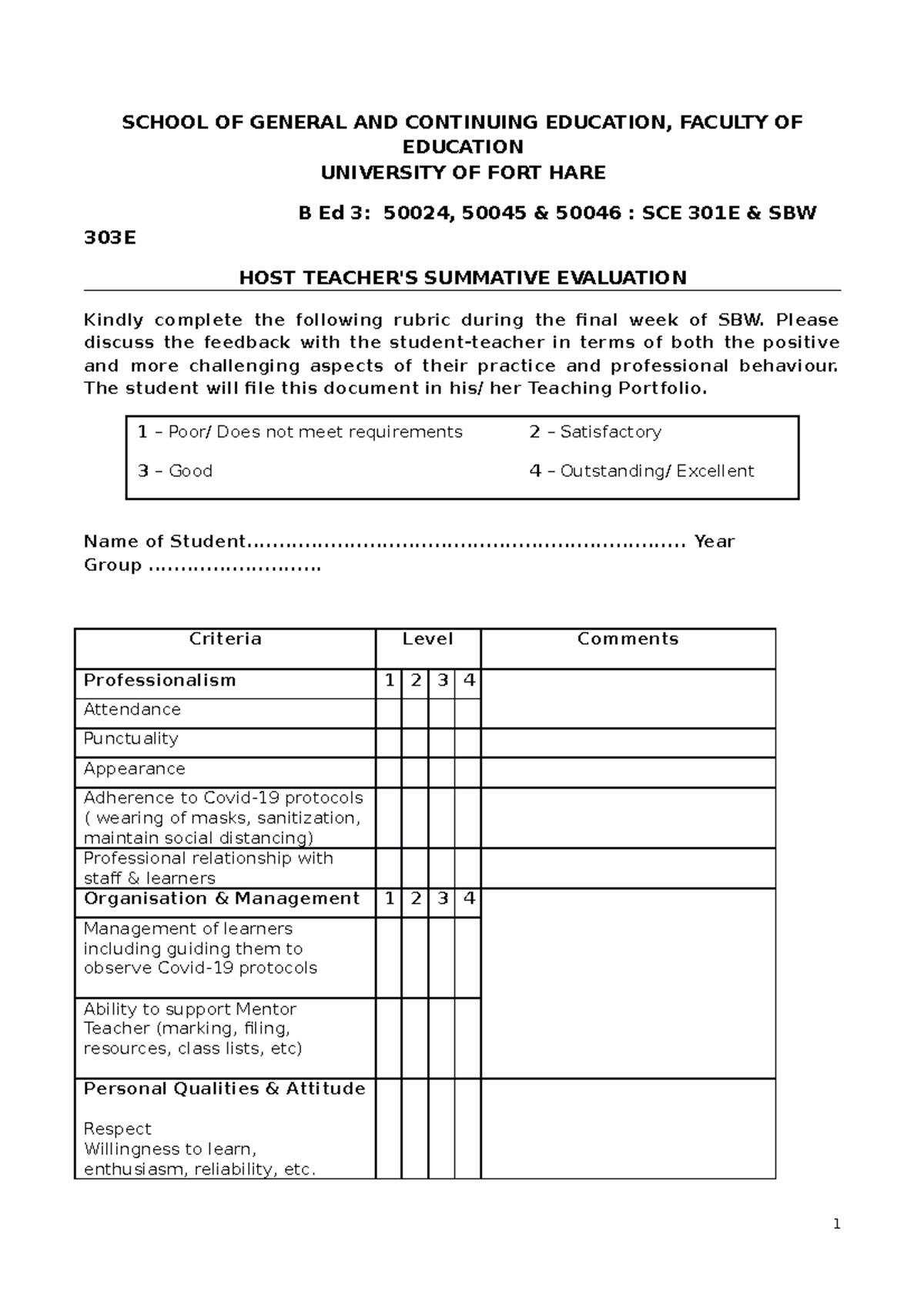 Host teacher evaluation - SCHOOL OF GENERAL AND CONTINUING EDUCATION ...
