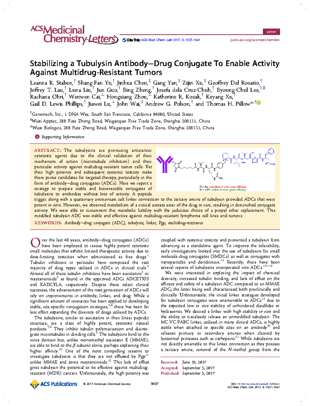 2017 ml7b00243-ADCs - Stabilizing a Tubulysin Antibody−Drug Conjugate ...
